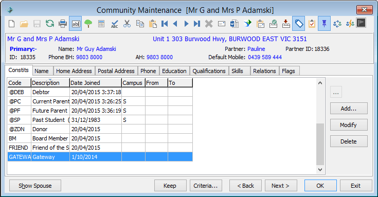 Community Maintenance - Constits tab - Synergetic Application - Confluence