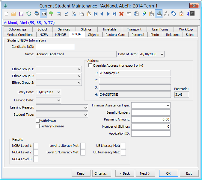 Current Student Maintenance - NZQA tab - Synergetic Application ...