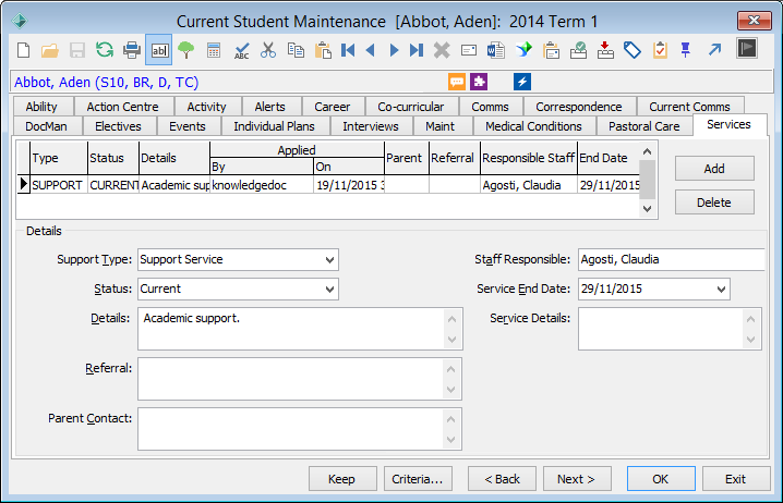 Current Student Maintenance - Services tab - Synergetic Application ...