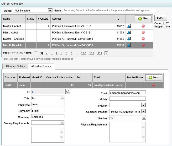 Events Maintenance - Current Attendees bar - Attendee Guests sub-tab ...